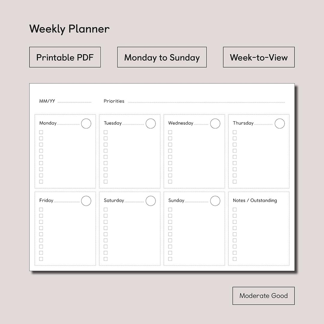 Minimal Weekly Planner Template Week-to-view A4 Digital Download ...