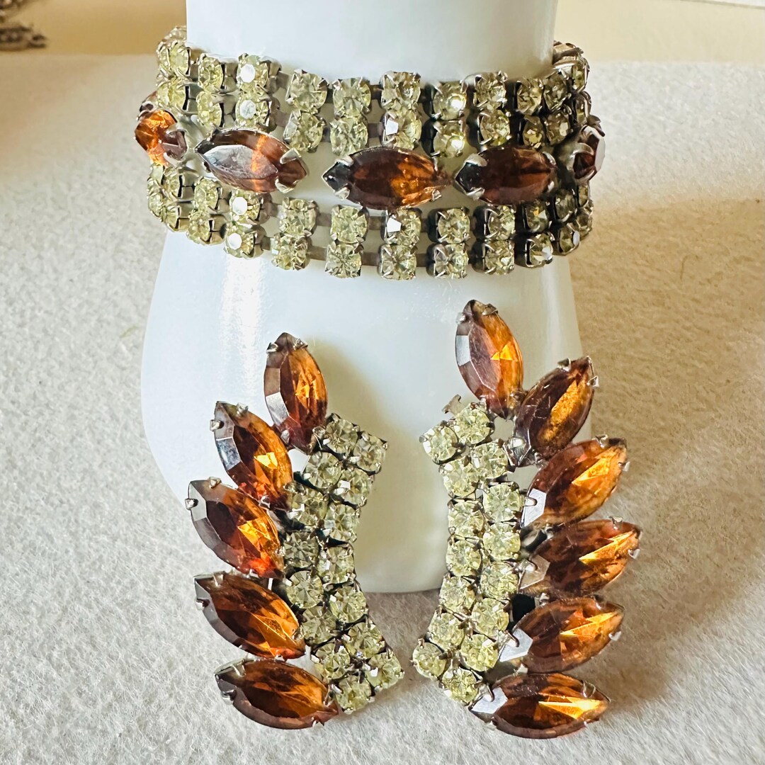 Vintage Amber Color and Clear Rhinestone Jewelry Set - Etsy