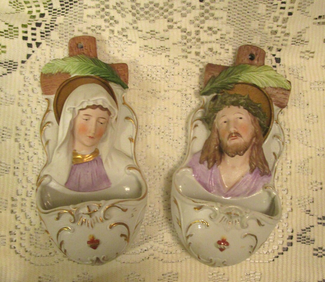 Pair, Holy Water Fonts, Religious Decor, Jesus, Virgin Mary, Sacred ...
