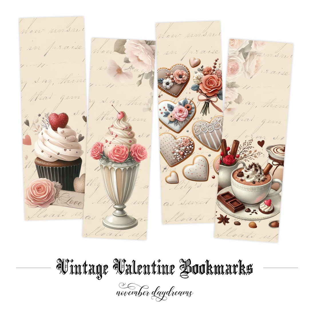 Printable Vintage Valentine's Day Bookmarks, Valentine Desserts Digital ...