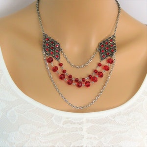 Red Multi Strand Beaded Necklace for Women, Short Red Necklace, Silver ...