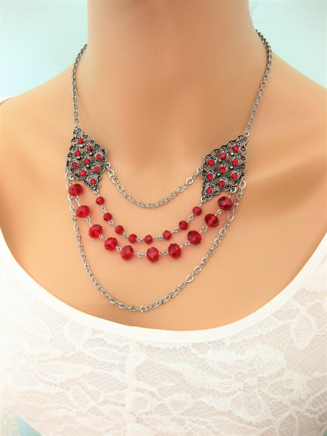 Red Multi Strand Beaded Necklace for Women, Short Red Necklace, Silver ...
