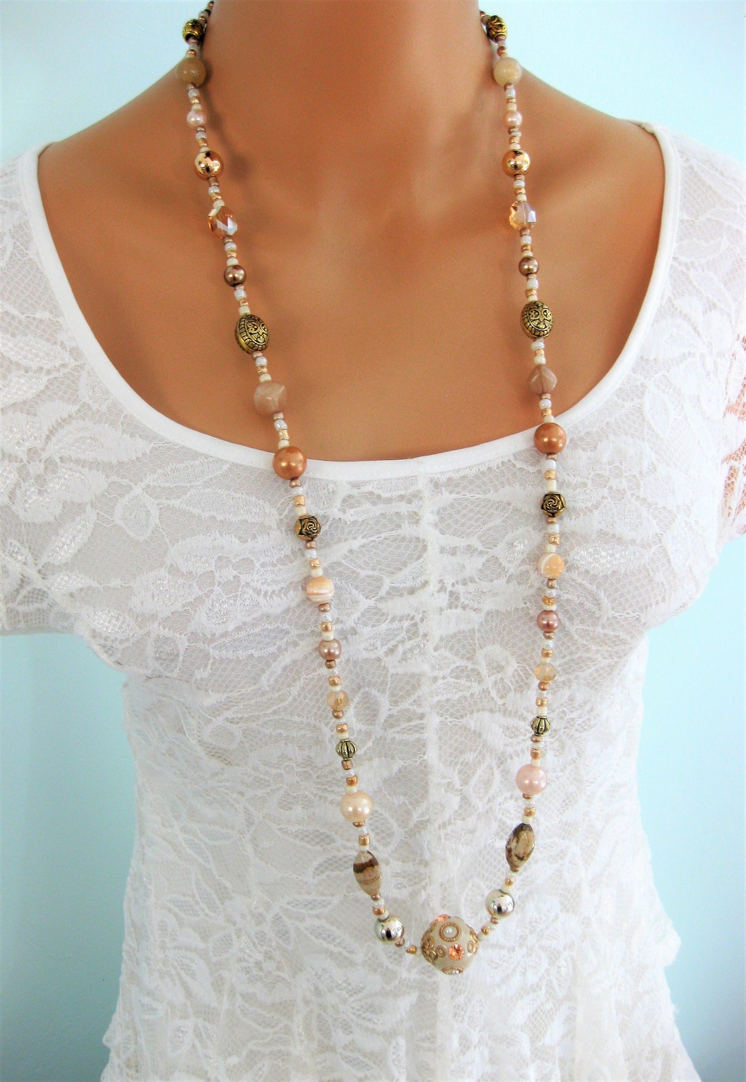 Long Beige and Gold Beaded Necklace for Women, Crystal Pearl Natural ...