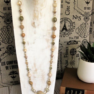 Long Beige and Gold Beaded Necklace for Women, Crystal Pearl Natural ...
