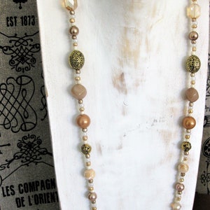 Long Beige and Gold Beaded Necklace for Women, Crystal Pearl Natural ...