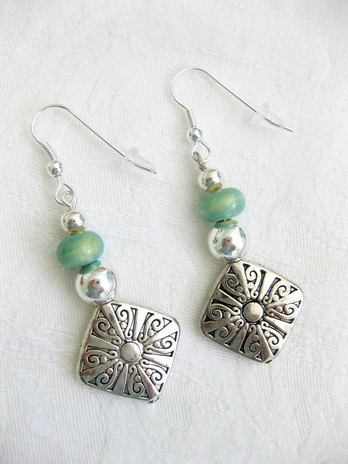 Large Square Ornate Silver Beaded Earrings with Aqua Ceramic | Etsy