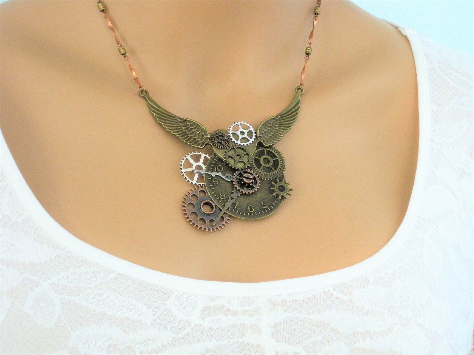 Steampunk Clock Necklace, Click to See Clock Face and Steampunk Gears ...