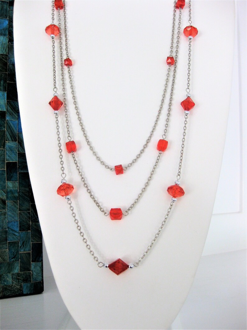 Long Red Necklace Multi Strand Necklace Red Beaded Necklace | Etsy