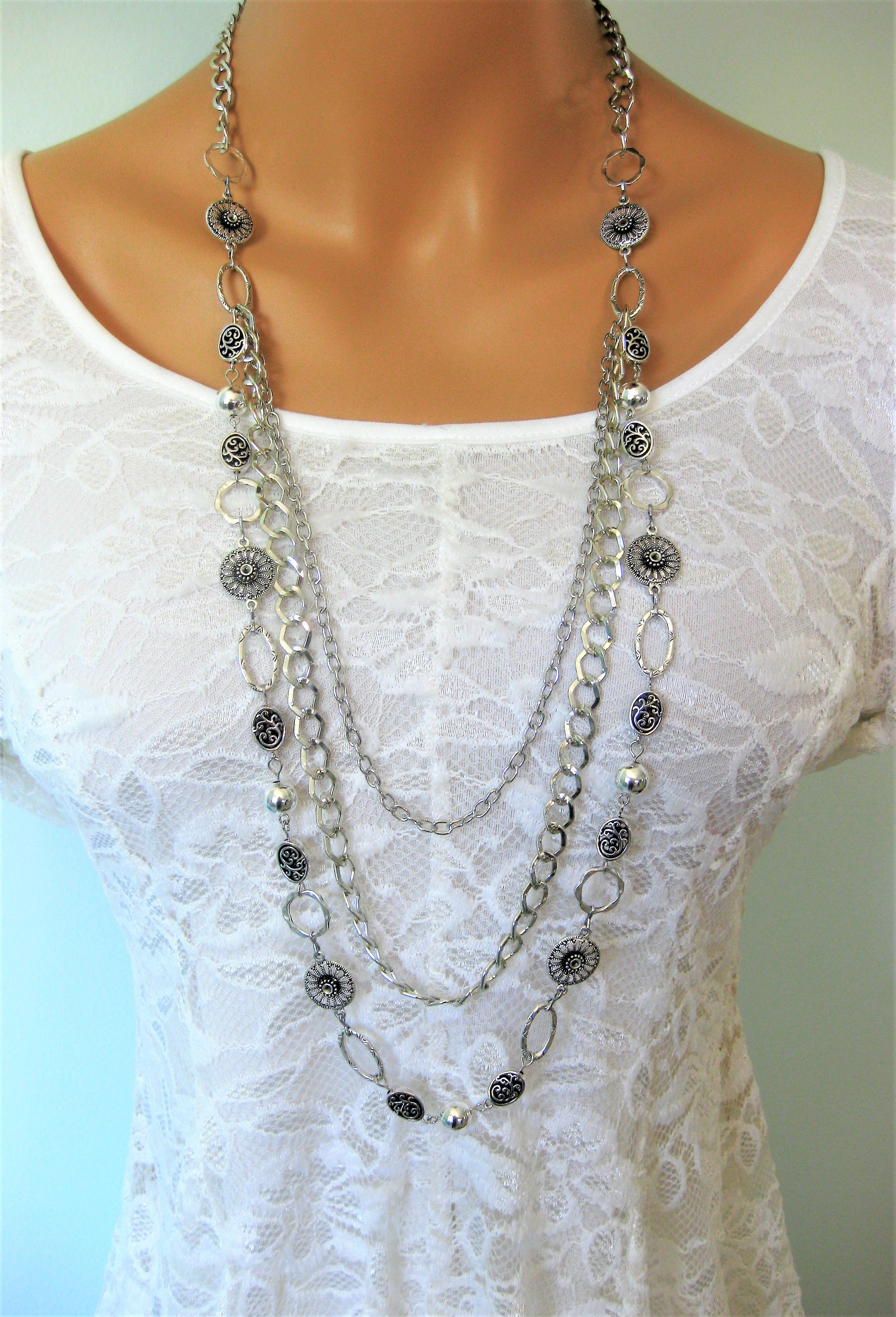 Long Multi Strand Silver Chain Beaded Necklace, Handmade Long Multi Strand Silver Chain Beaded Necklace, Handmade