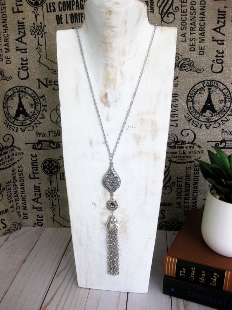 Long Silver Chain Necklace for Women With Silver Chain Tassel | Etsy