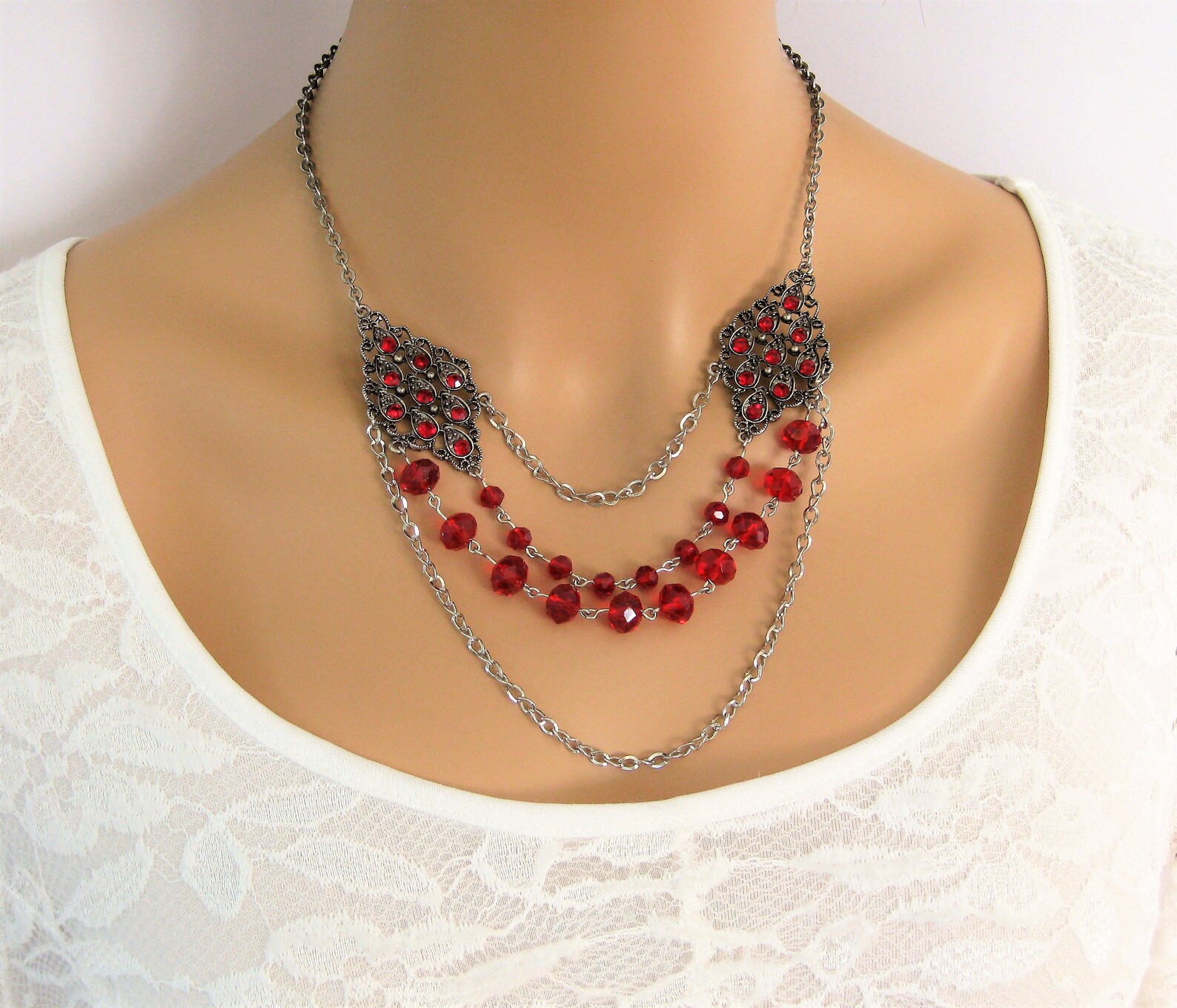 Red Multi Strand Beaded Necklace for Women Short Red - Etsy