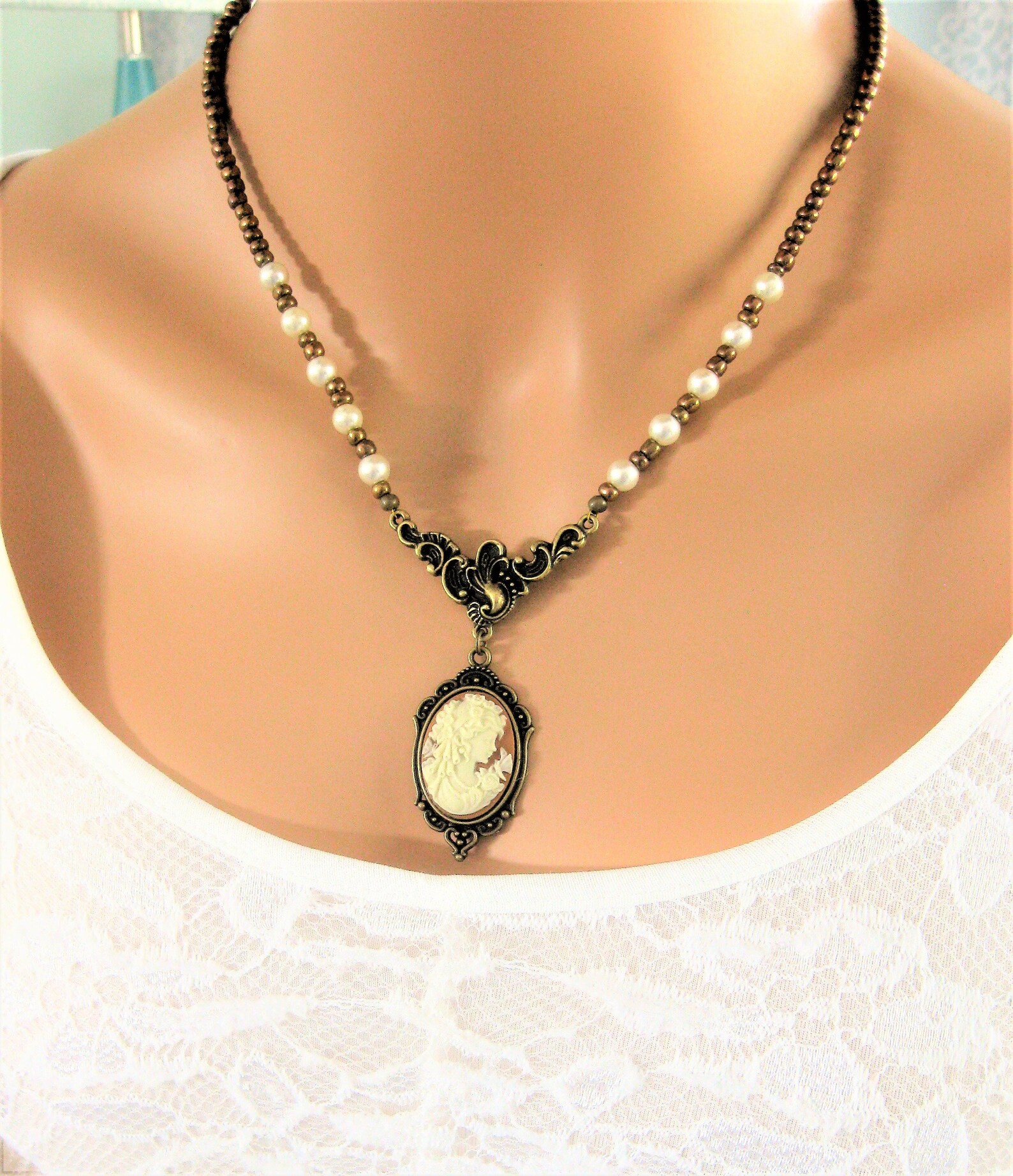 Victorian Lady Cameo Necklace: Beaded Antique Gold Jewelry - Etsy
