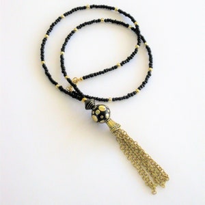 Long Black Beaded Necklace With Chain Tassels, Bohemian Style Necklaces ...
