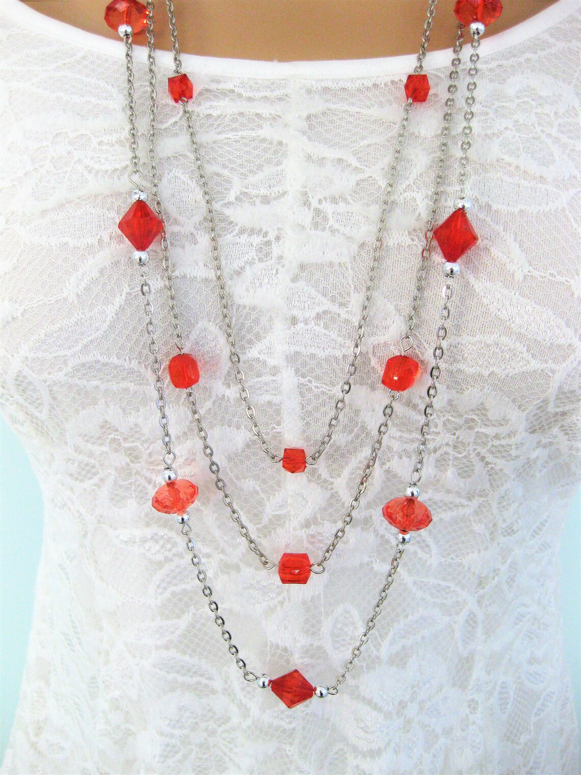 Long Red Necklace Multi Strand Necklace Red Beaded Necklace | Etsy