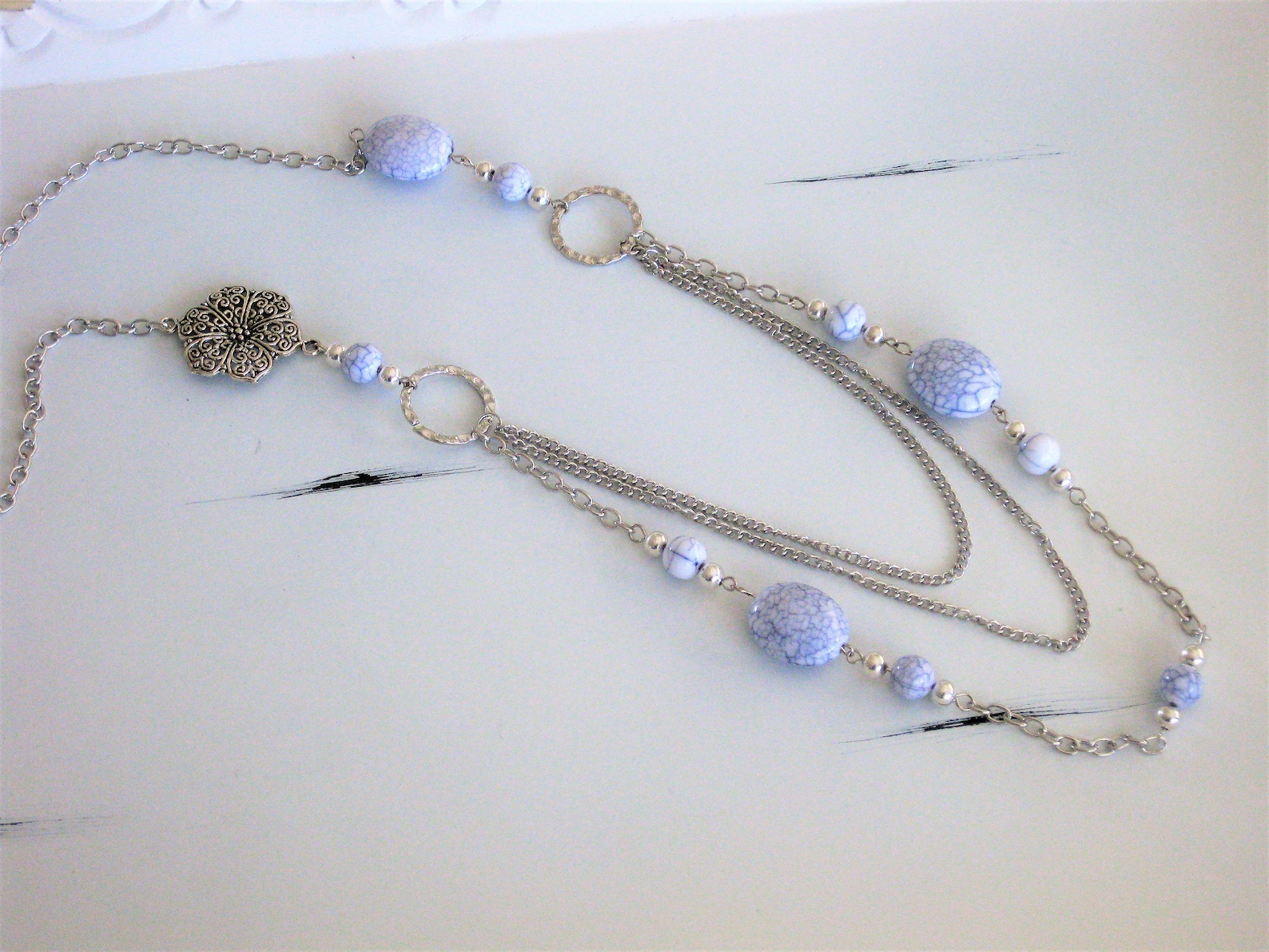 Long Gray Necklace Long Silver Necklace Gray Multi Strand - Etsy