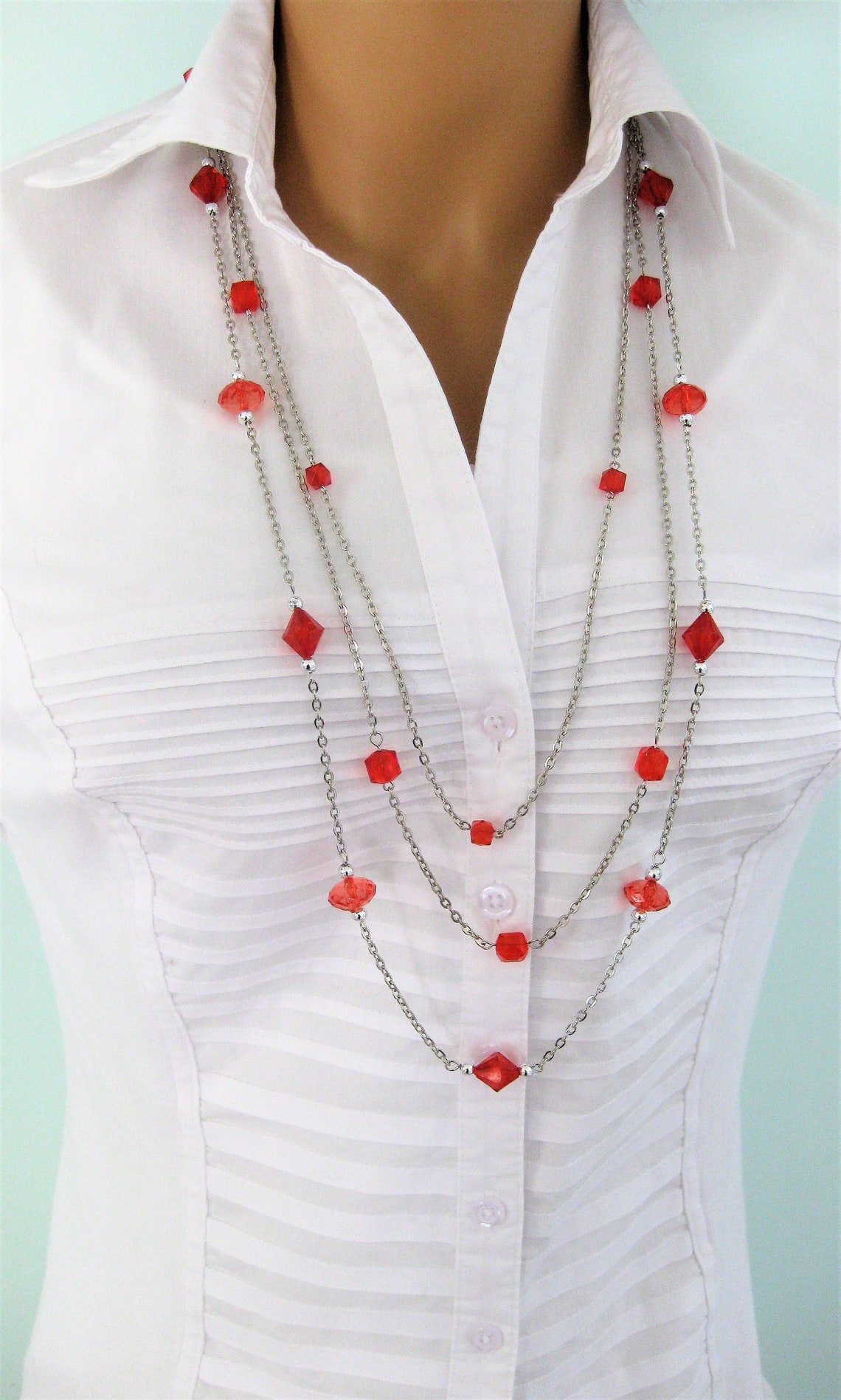 Long Red Necklace Multi Strand Necklace Red Beaded Necklace | Etsy