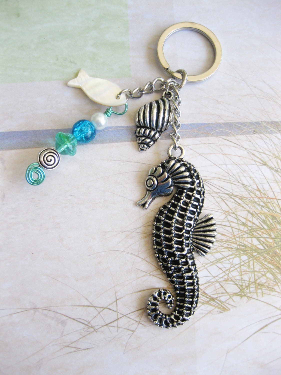 Large Silver Seahorse Keychain with Beads and Charm Beach | Etsy