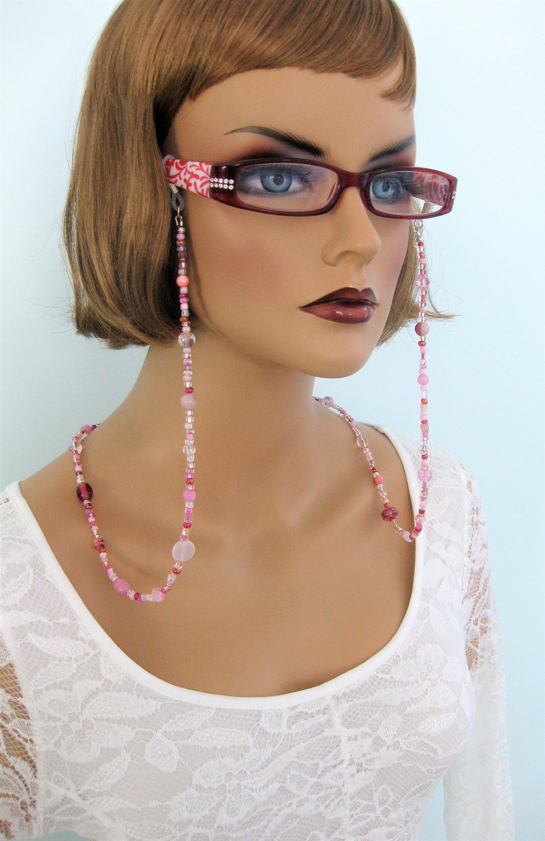 Pink Eyeglass Chain for Women, Pink Beaded Glasses Chain, Pink Eyeglass ...