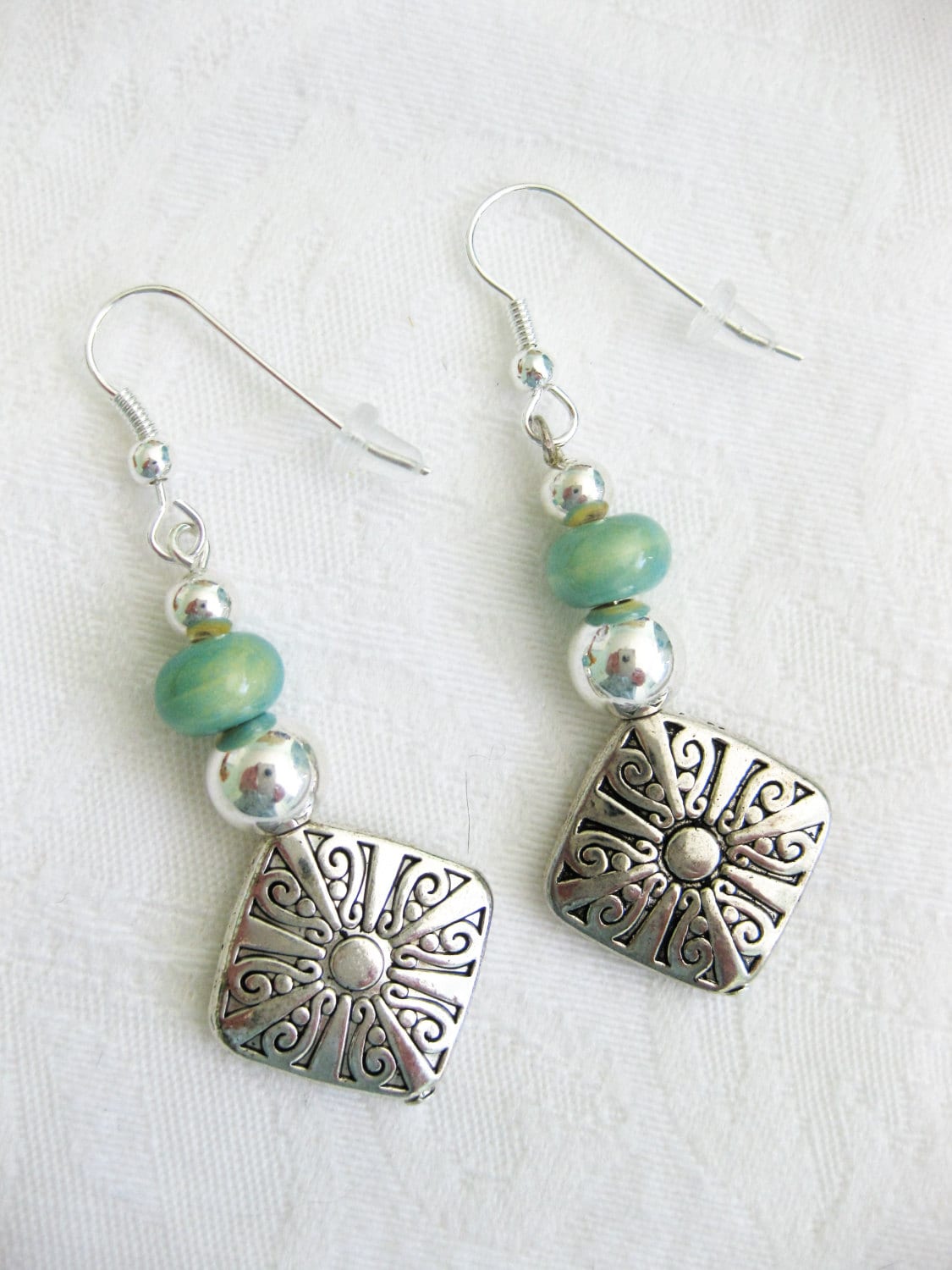 Large Square Ornate Silver Beaded Earrings with Aqua Ceramic | Etsy