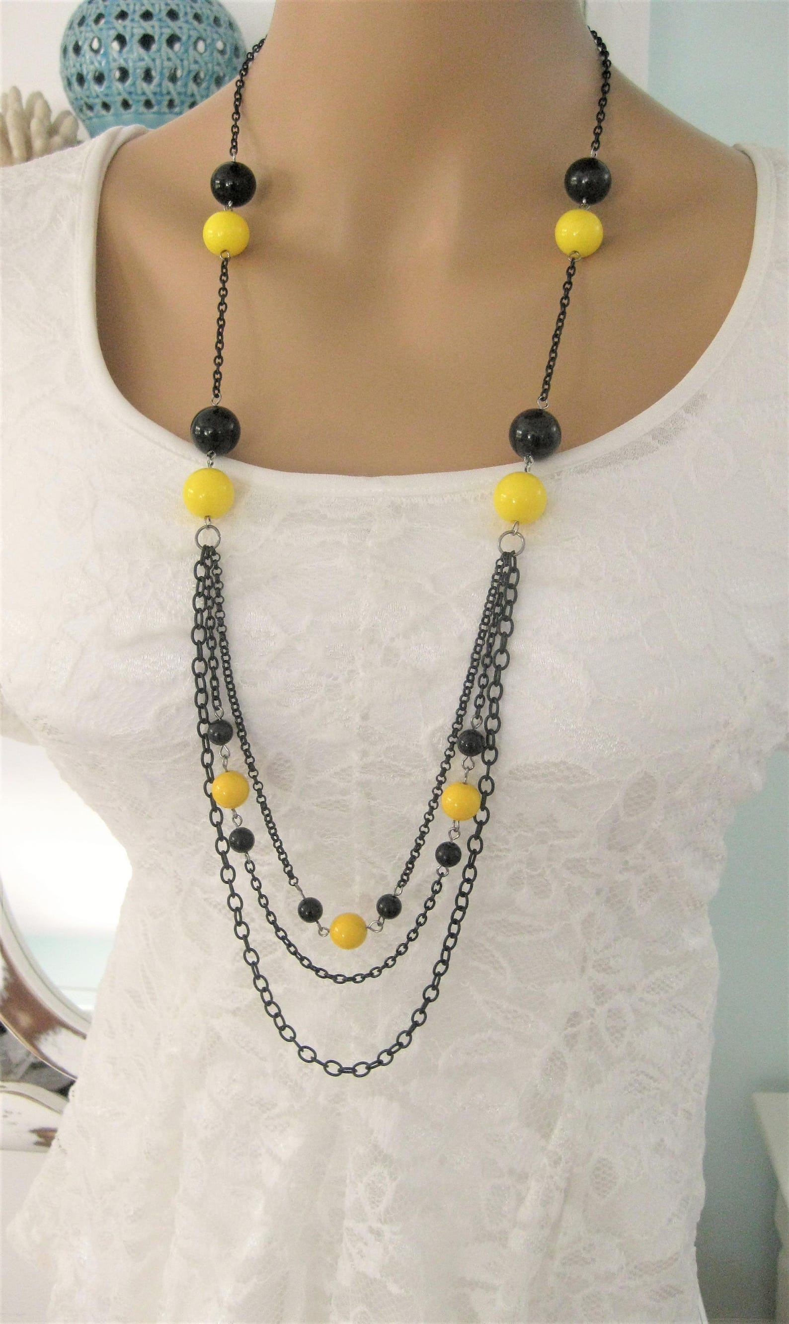 Long Black Beaded Necklace Yellow Beaded Necklace Long Black - Etsy
