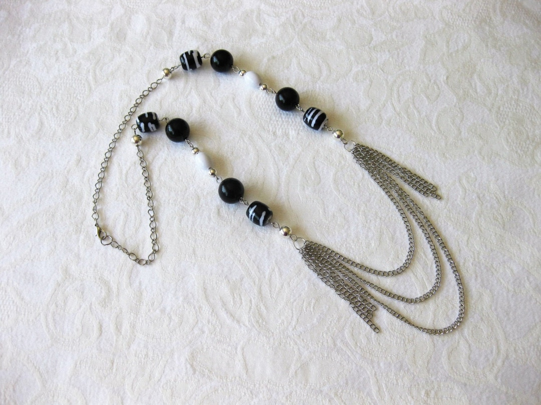 Long Black Beaded Necklace With Silver Chain Tassels - Etsy