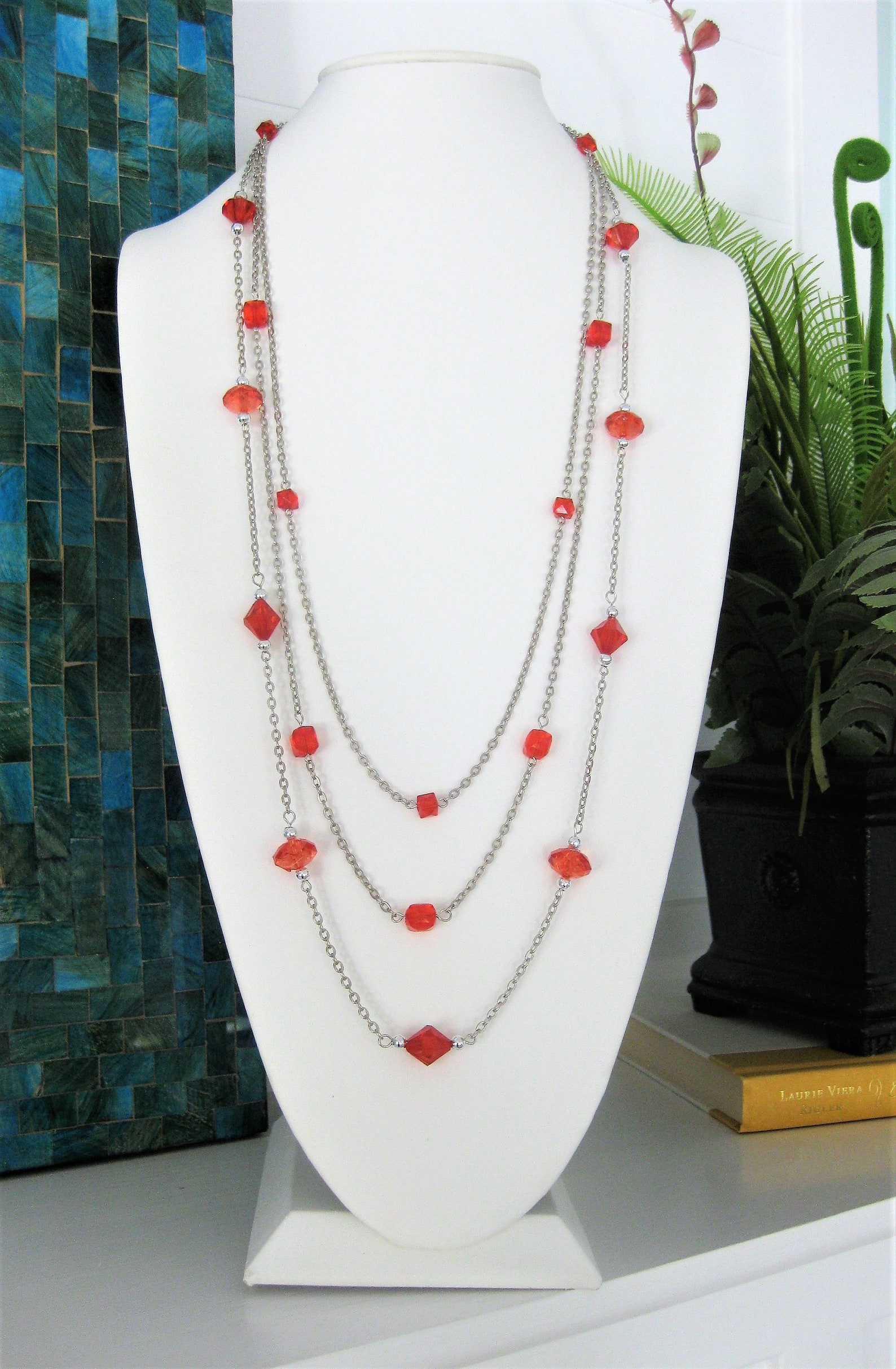 Long Red Necklace Multi Strand Necklace Red Beaded Necklace | Etsy