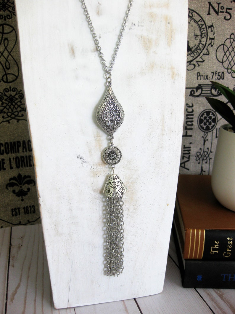 Long Silver Chain Necklace for Women With Silver Chain Tassel | Etsy