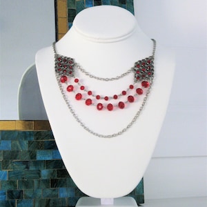 Red Multi Strand Beaded Necklace for Women, Short Red Necklace, Silver ...