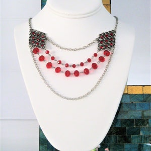 Red Multi Strand Beaded Necklace for Women, Short Red Necklace, Silver ...