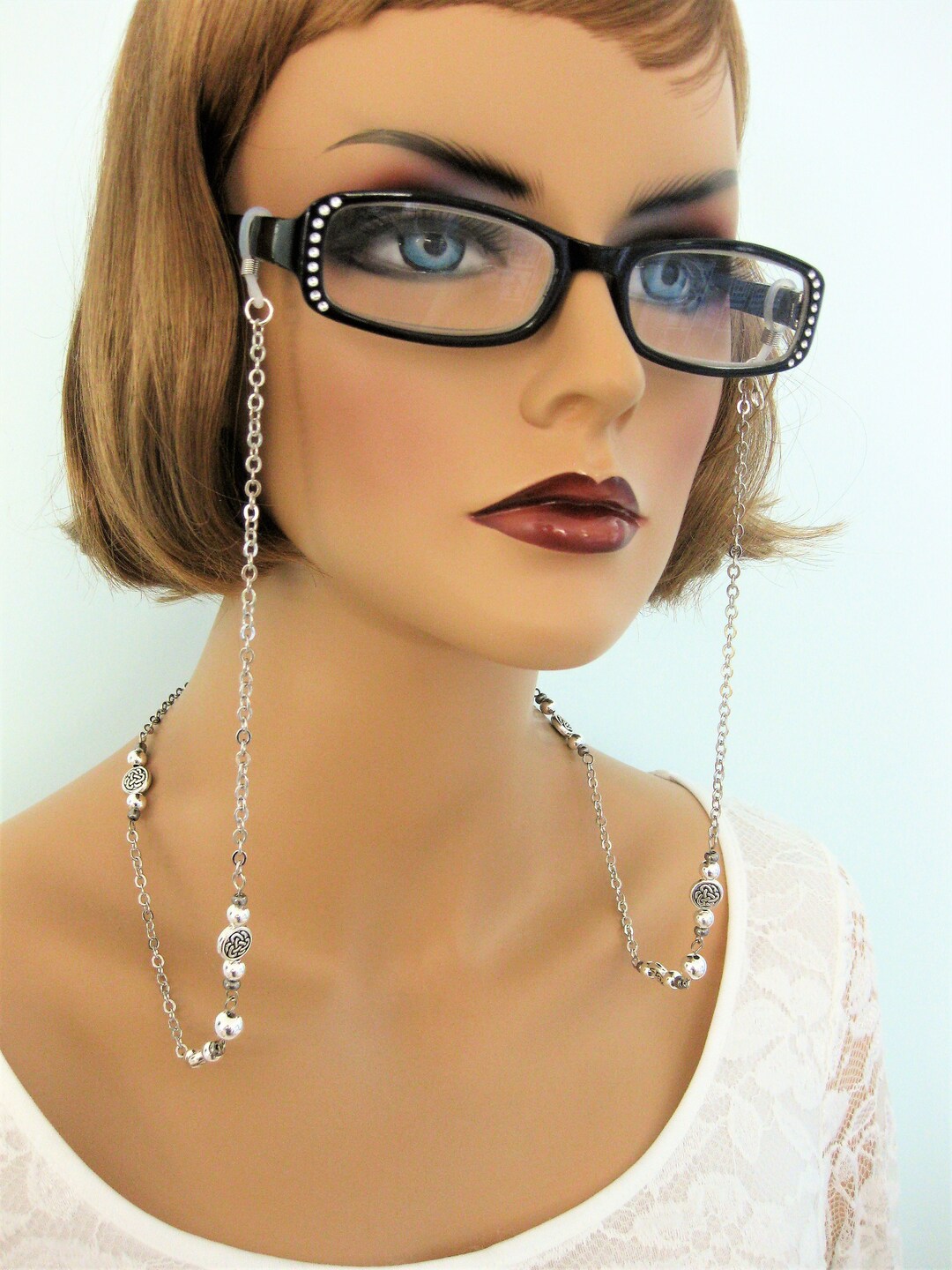 Glasses Chain, Silver Eyeglass Chain, Beaded Eyeglass Chain, Handmade ...
