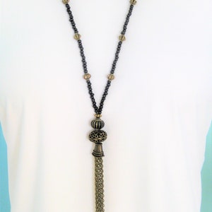 Long Black Beaded Necklace With Chain Tassels, Bohemian Style Necklaces ...