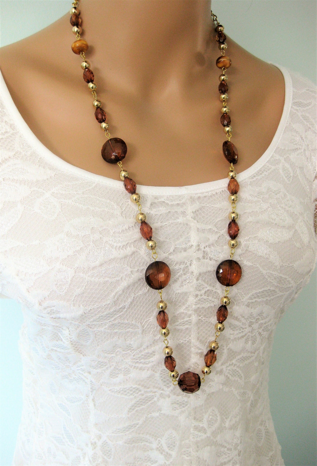 Long Brown Beaded Necklaces for Women, Brown and Gold Necklaces, Silver ...