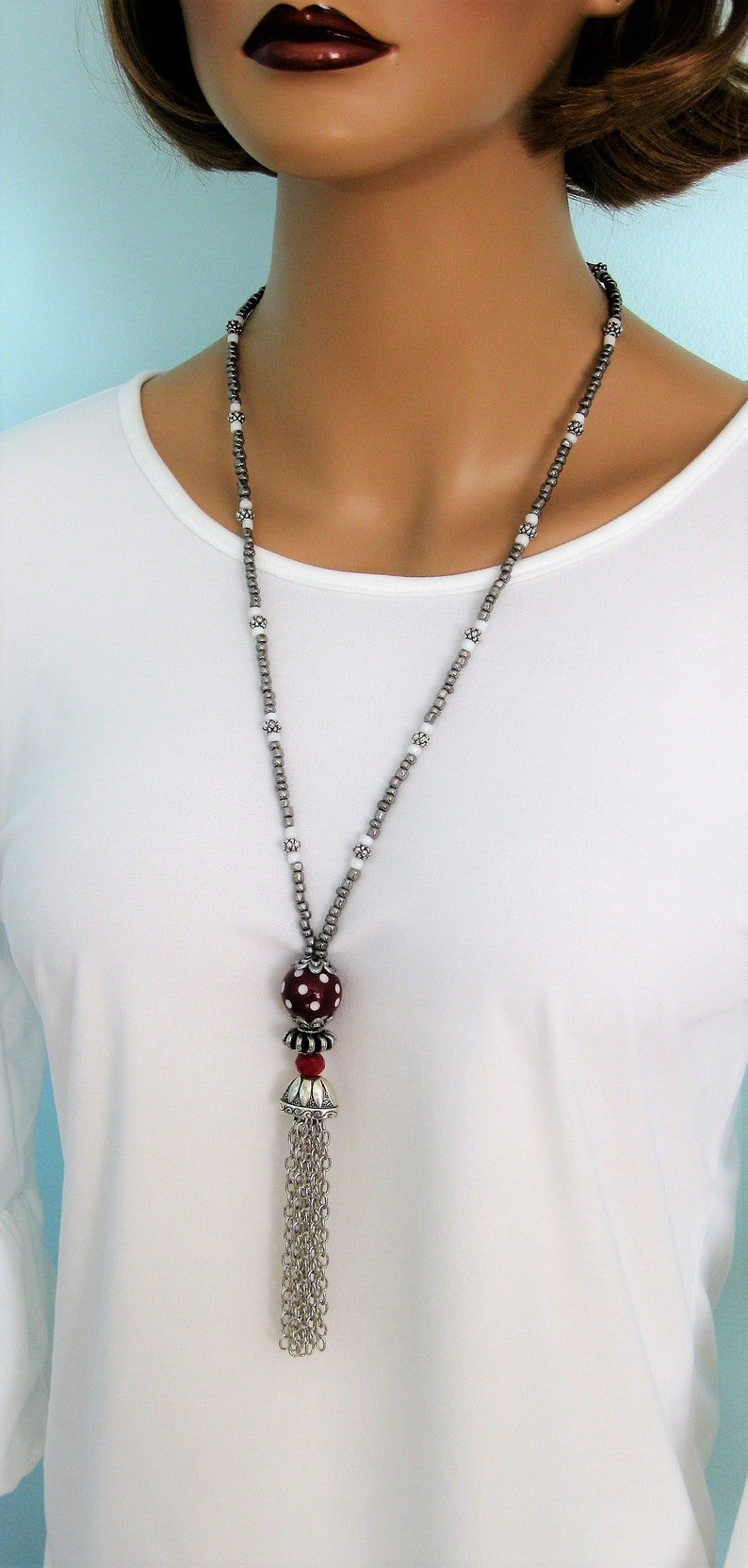 Red Beaded Necklaces for Women With Silver Chain Tassels, Click to See ...