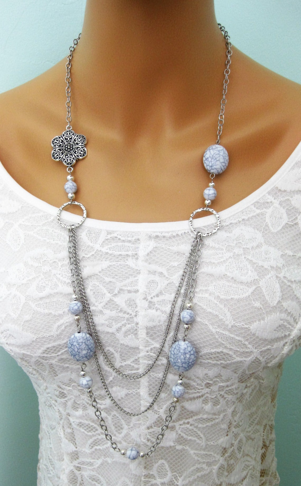 Long Gray Necklace Long Silver Necklace Gray Multi Strand | Etsy