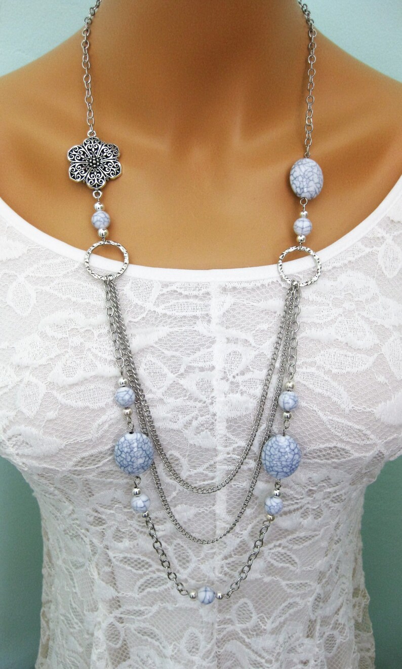 Long Gray Necklace Long Silver Necklace Gray Multi Strand - Etsy