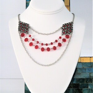 Red Multi Strand Beaded Necklace for Women, Short Red Necklace, Silver ...