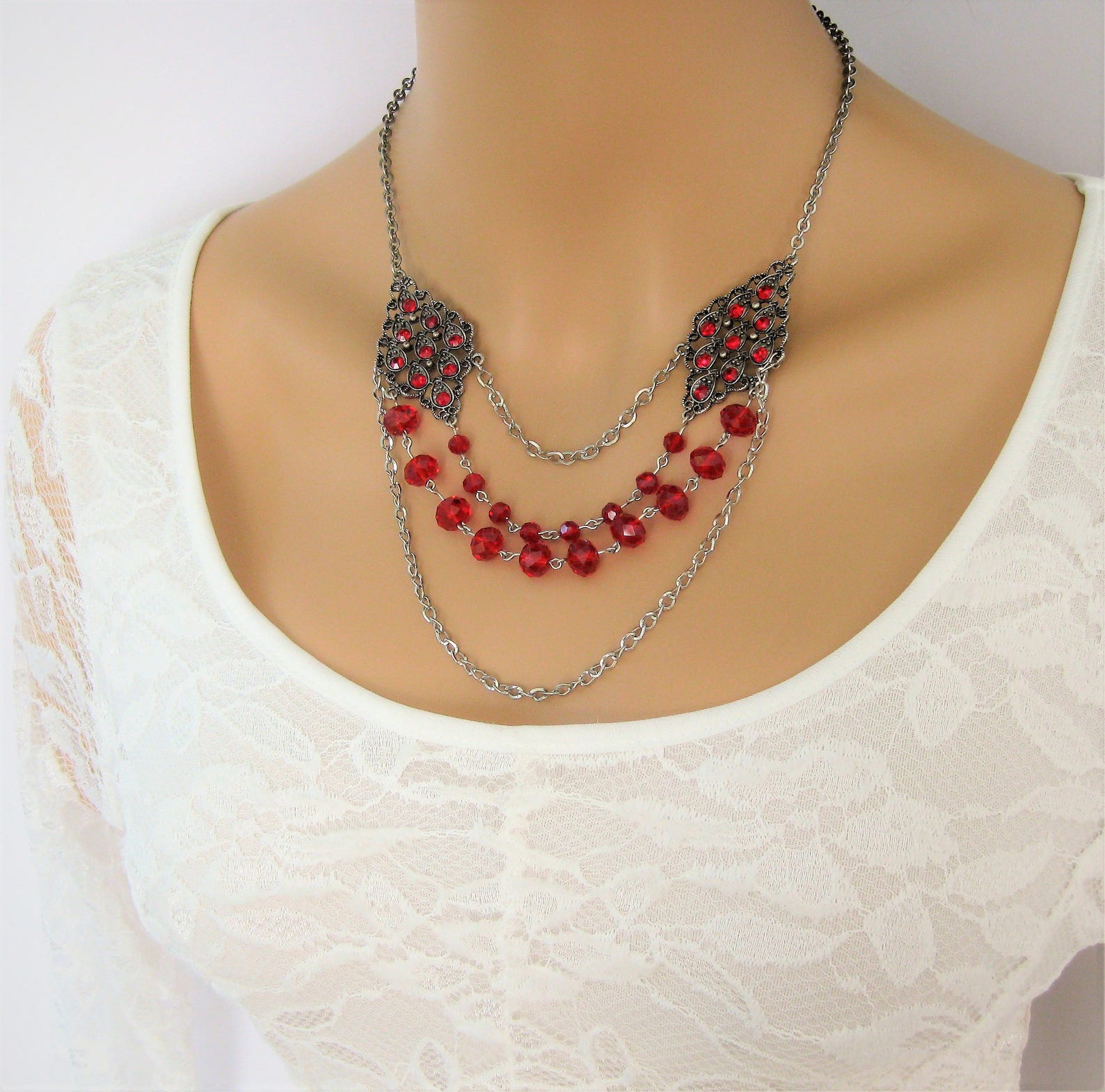 Red Multi Strand Beaded Necklace for Women Short Red - Etsy