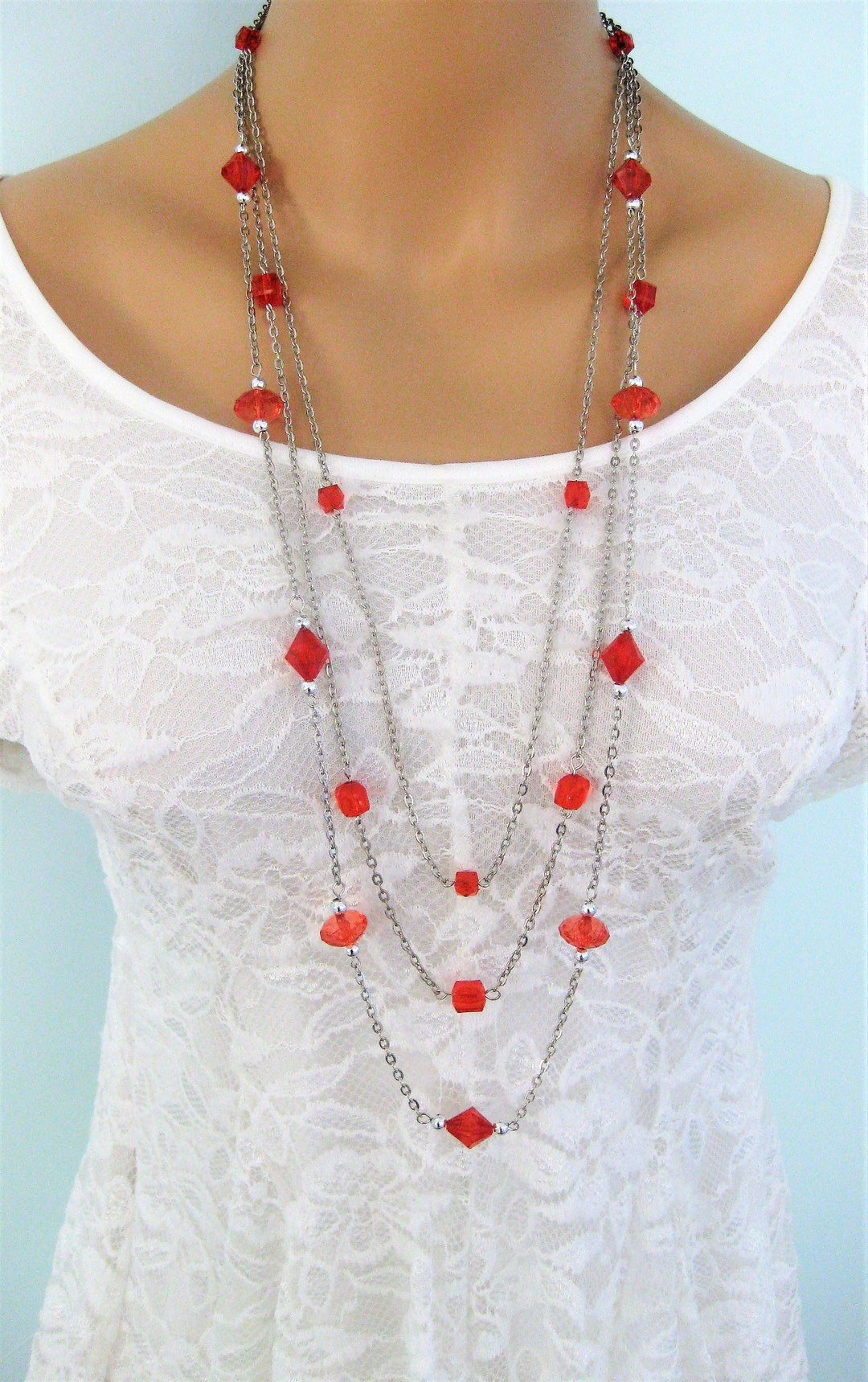 Long Red Necklace, Multi Strand Necklace, Red Beaded Necklace, Red ...