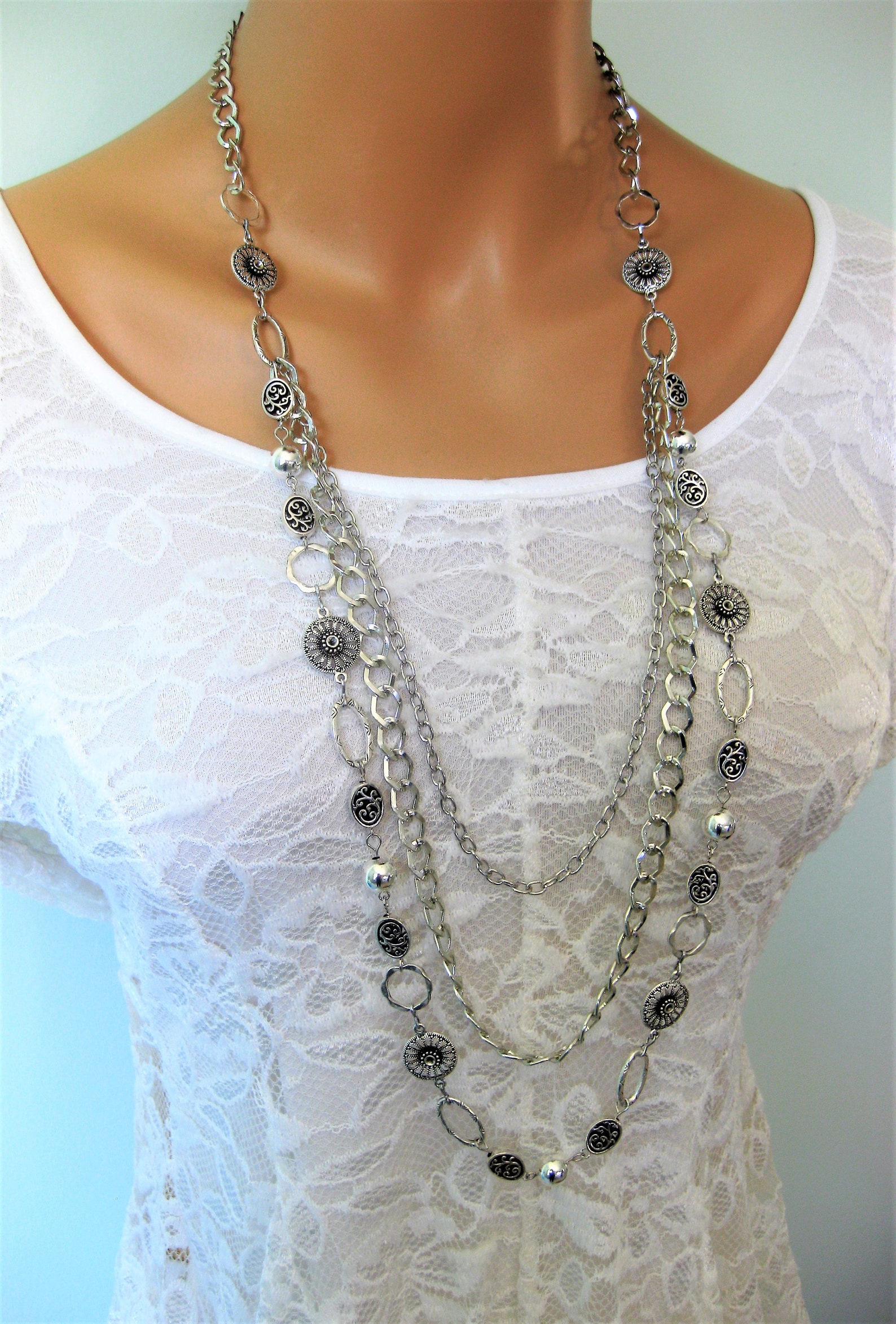 Handmade Long Multi Strand Silver Necklace: Beaded Chain Statement ...