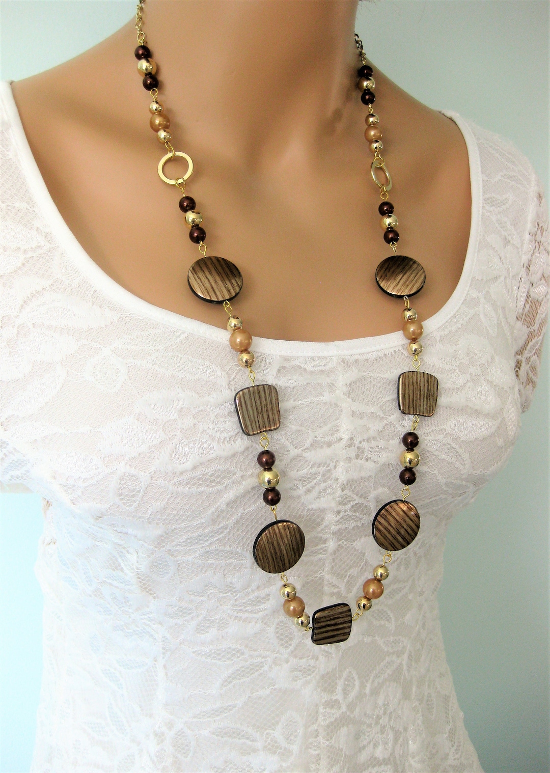 Long Brown Beaded Necklaces for Women Brown and Gold - Etsy