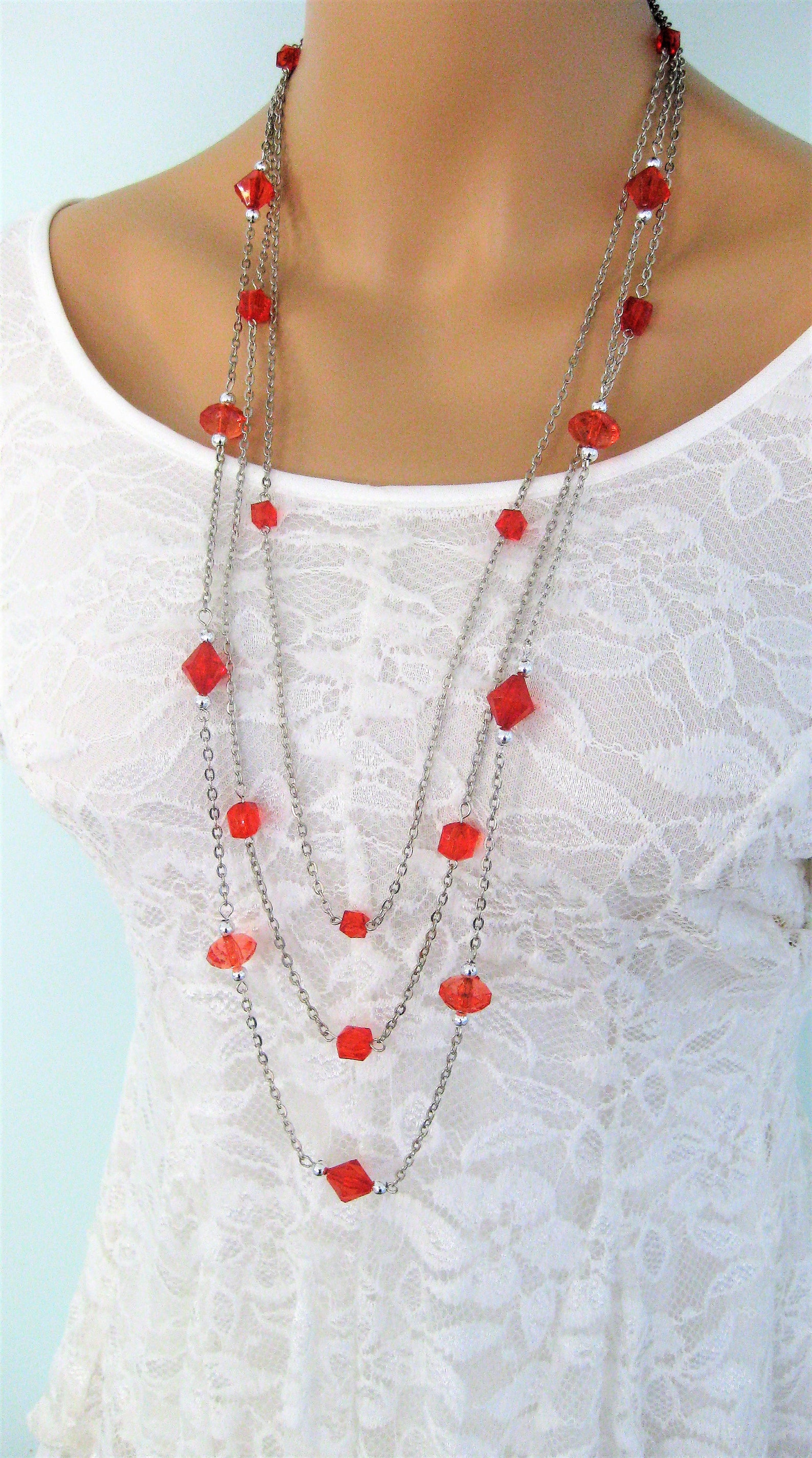 Long Red Necklace Multi Strand Necklace Red Beaded Necklace | Etsy