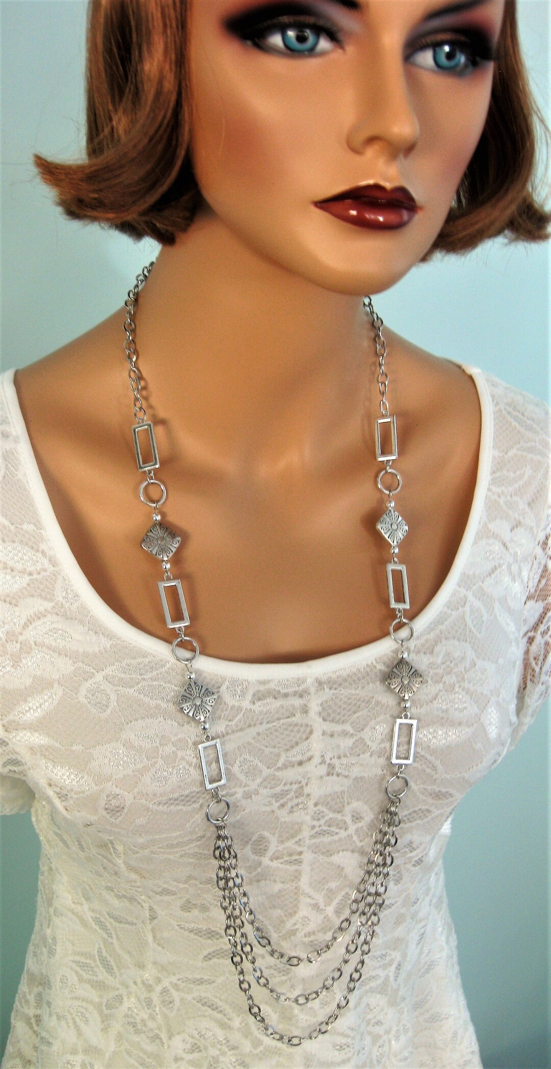 Handmade Long Beaded Silver Chain Necklace: Multi Strand Jewelry Gift ...