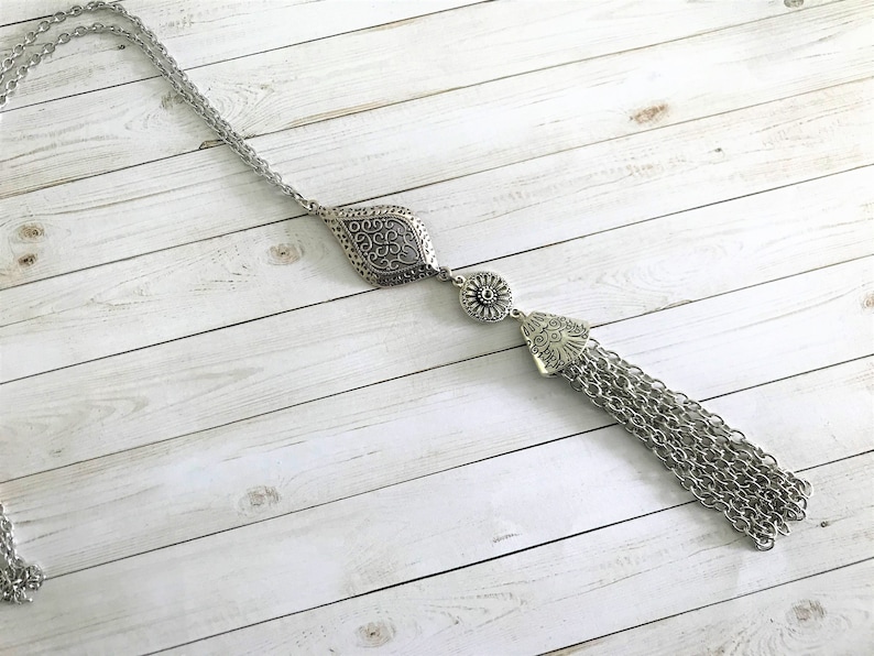Long Silver Chain Necklace for Women With Silver Chain Tassel | Etsy