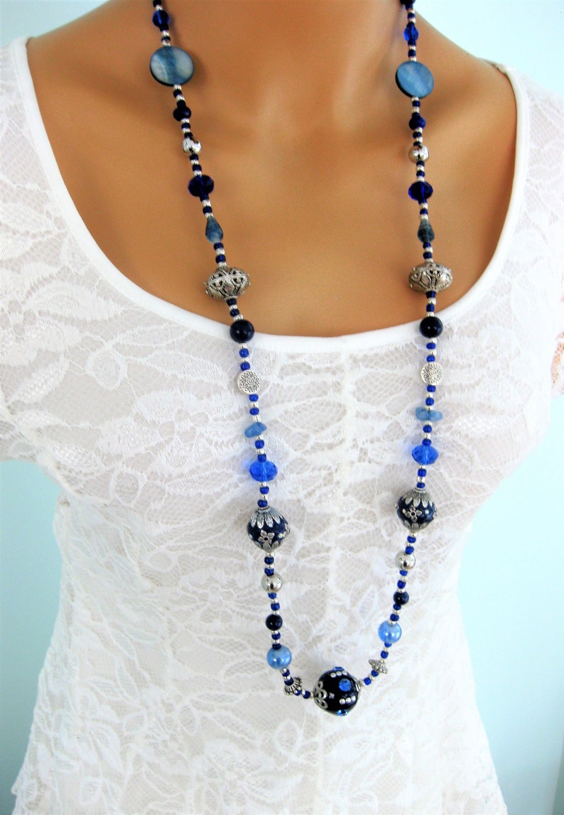 Long Blue Beaded Necklaces for Women Two Styles Blue - Etsy