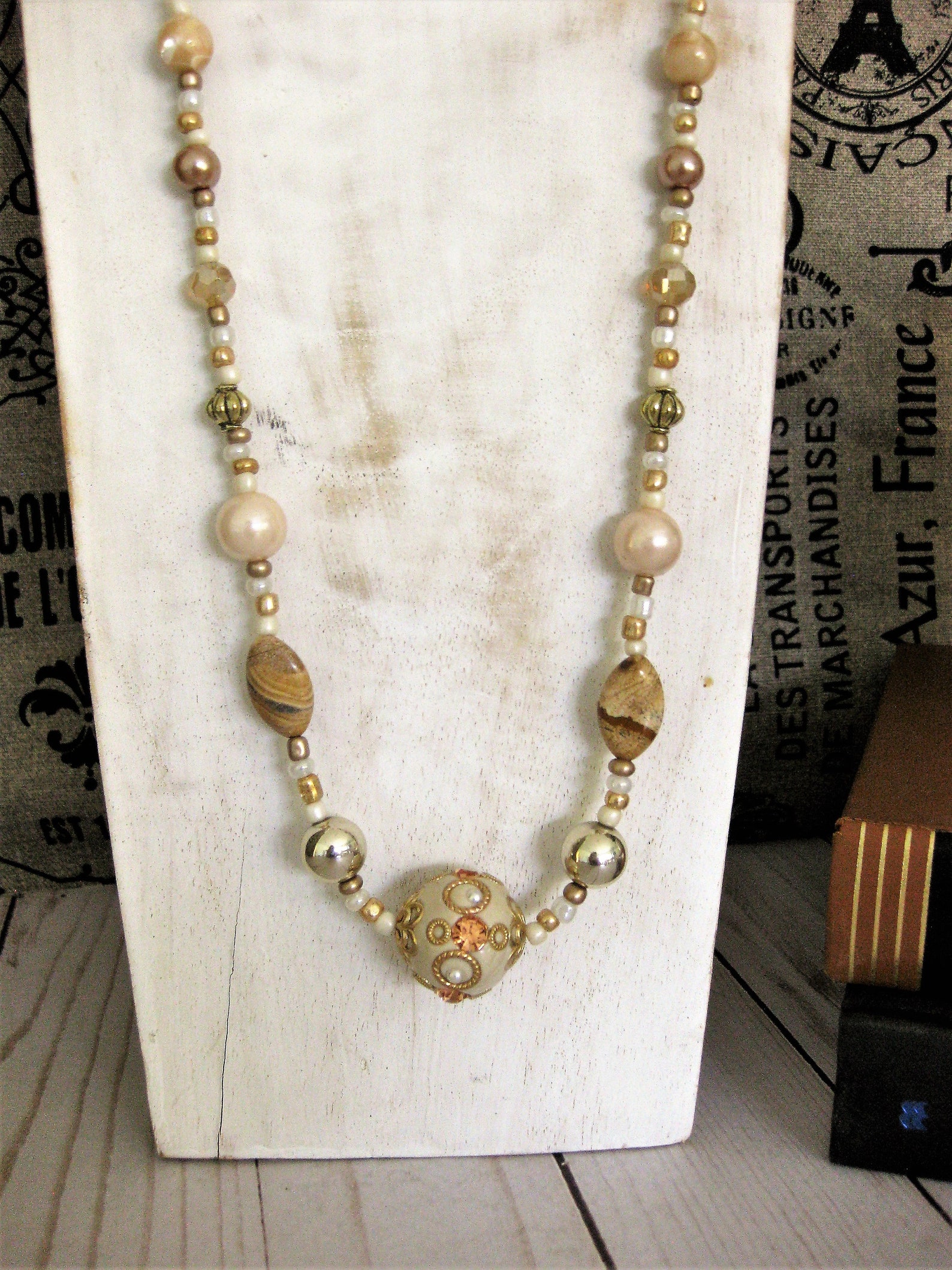 Long Beige and Gold Beaded Necklace for Women Crystal Pearl - Etsy