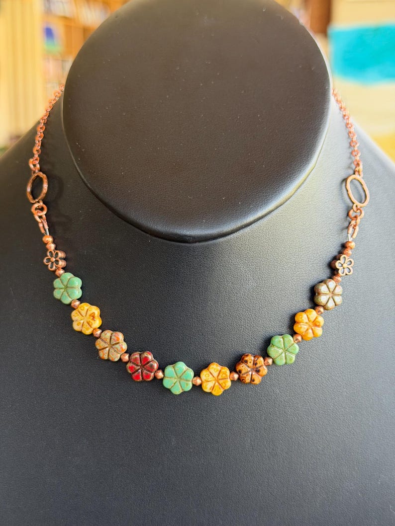 Czech Flower Bead and Copper Choker Necklace - Etsy