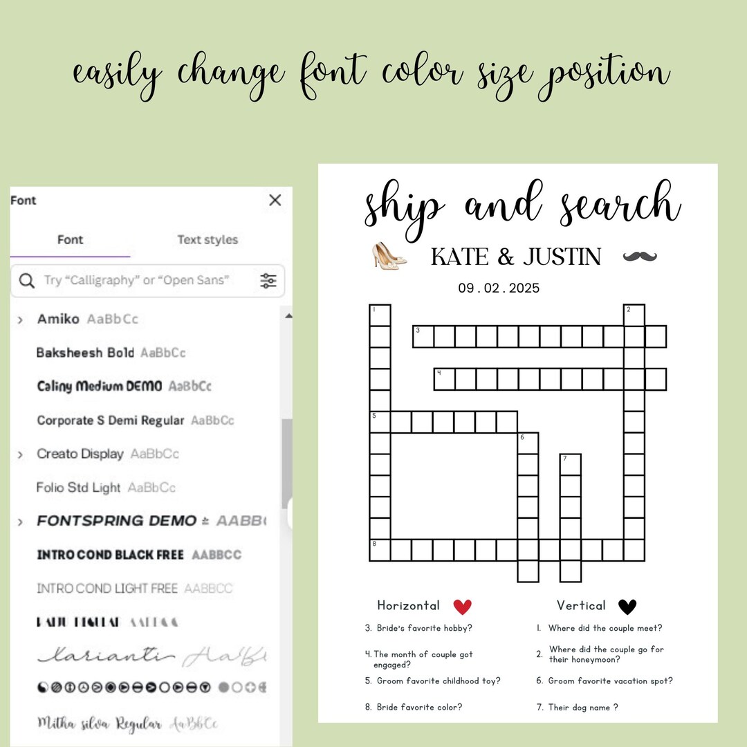 Custom Wedding Small Crossword Puzzle, Sip & Solve, 5x7 Puzzle Template ...