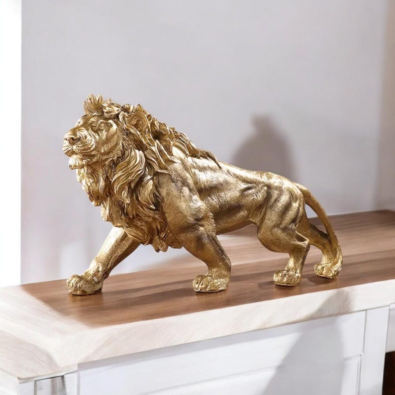 Golden Lion King Resin Statue - Majestic Gold Lion Sculpture for Office ...