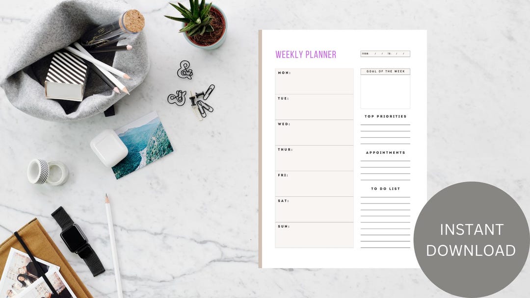 Minimalist Weekly Planner, Productivity Weekly Planner, Simple Weekly ...