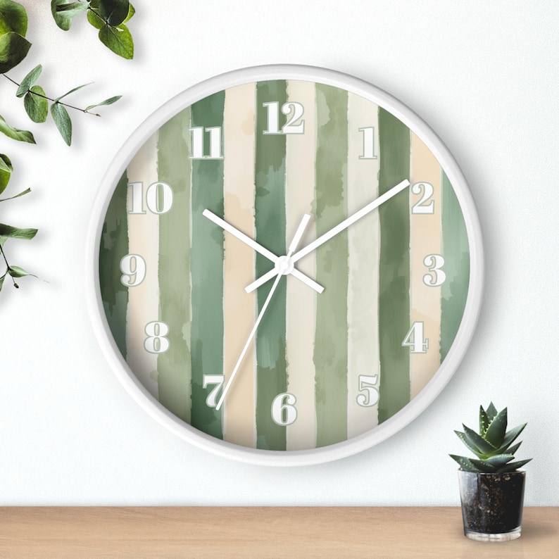 Green Watercolor Stripe Clock, Sage Olive Minimalist Wall Art ...